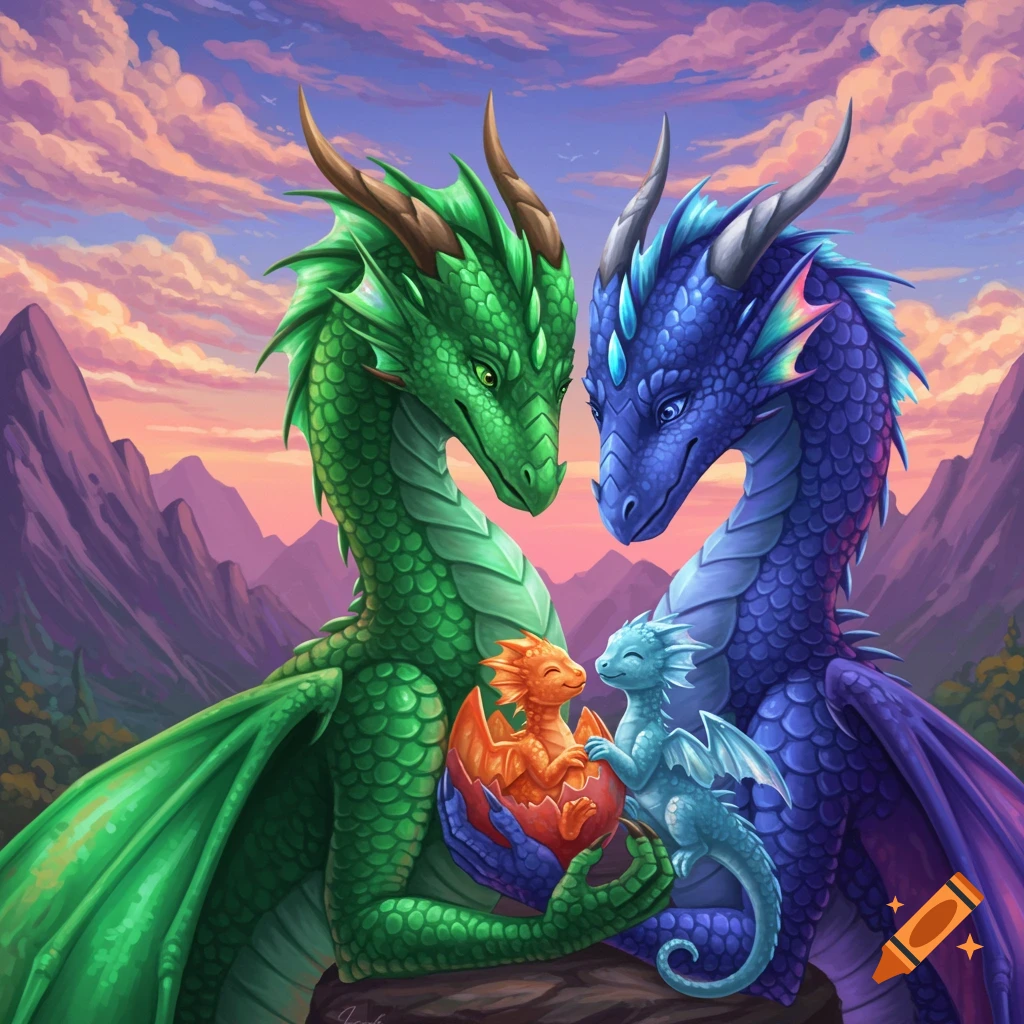 Two dragons with offspring on Craiyon