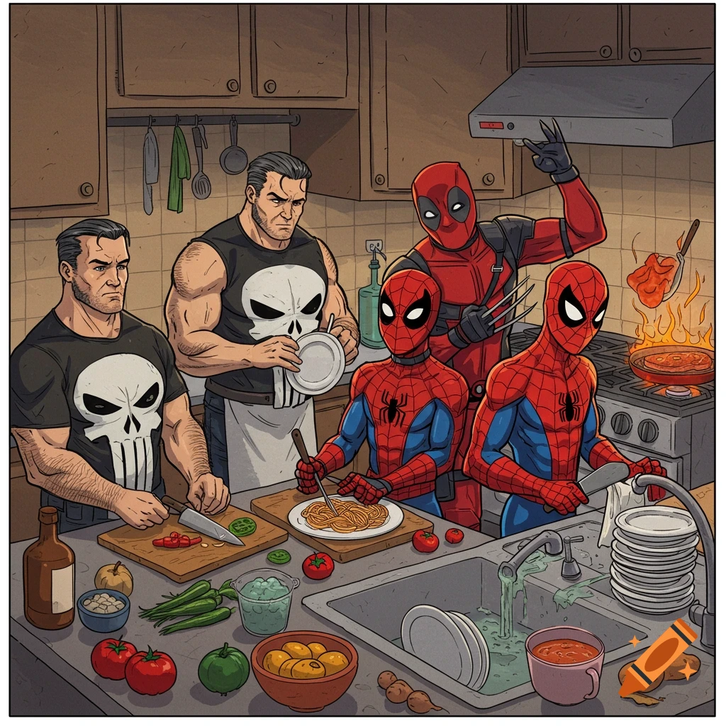 Spider-Man, Deadpool, Punisher, and Wolverine cooking together on Craiyon