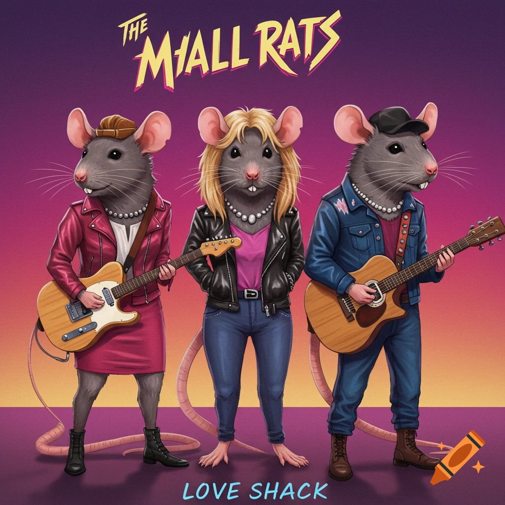 Album cover of 80s band The Mall Rats, three rats dressed as people on ...