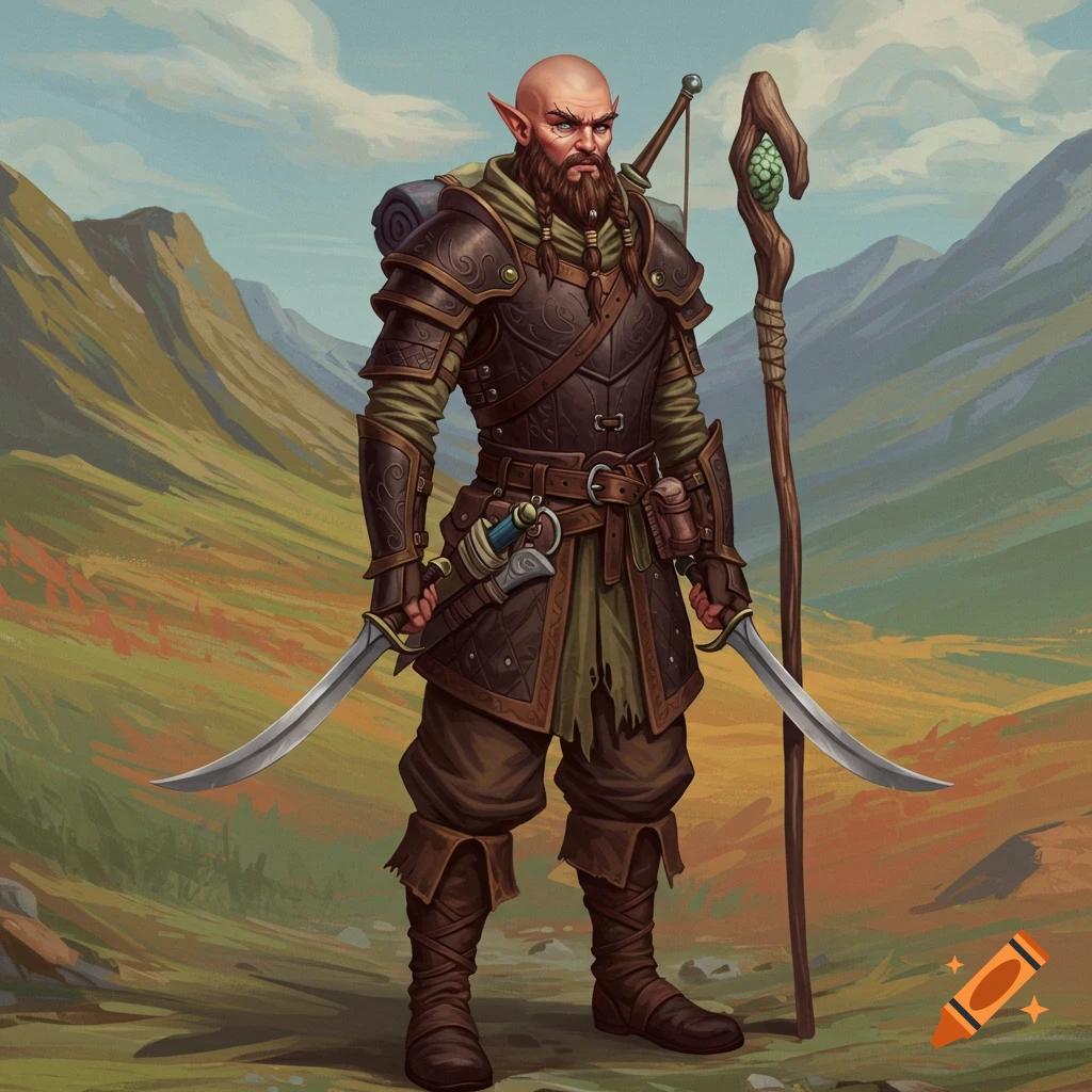 Half-elf ranger with scimitars, leather armor, walking staff on Craiyon