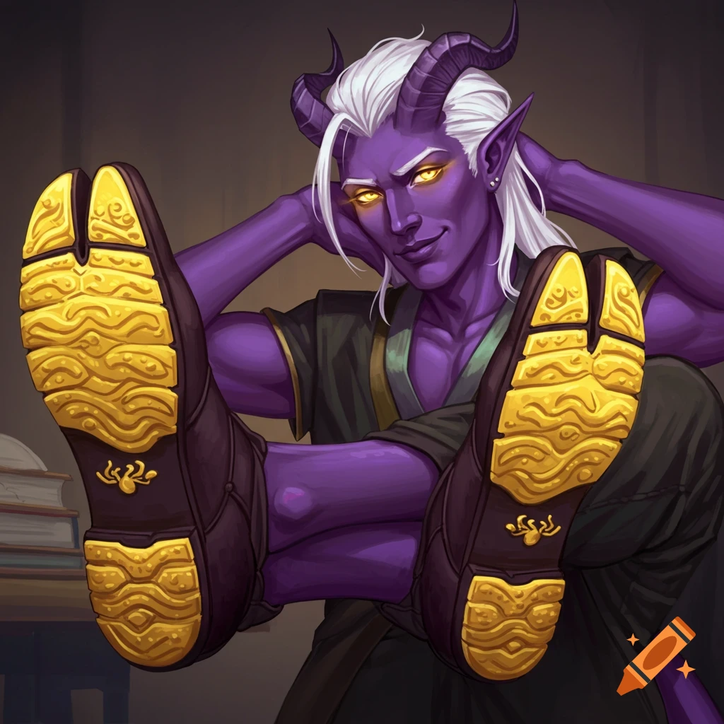 Tiefling thief with purple skin and glowing eyes wearing two-toed Jika-tabi shoes. on Craiyon