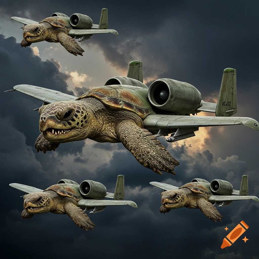 Multiple flying turtles with A-10 Warthog airplane bodies against a ...