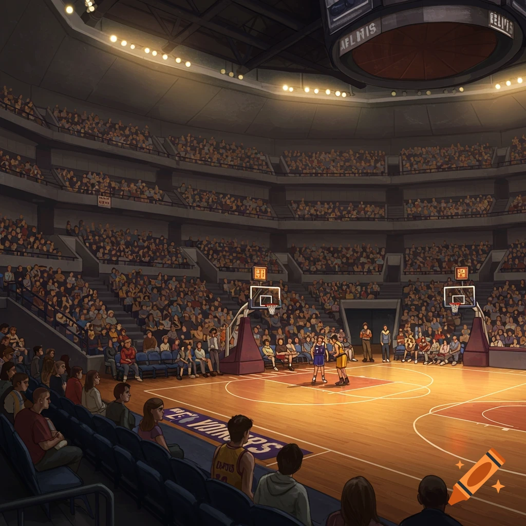 A basketball game in a large arena with three levels of seating. on Craiyon