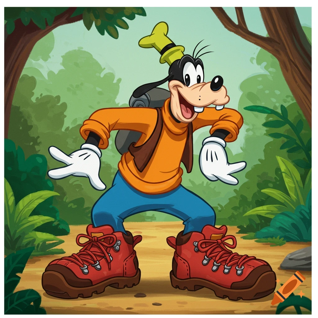 Goofy hiking in a forest wearing large red boots, cartoon style on Craiyon