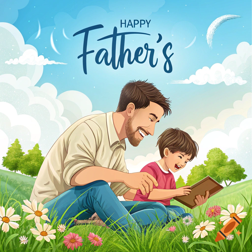Illustration of a father and son reading outdoors in a field with text ...