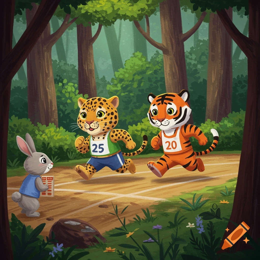 Leopard leading tiger in 400m race, rabbit watching on Craiyon