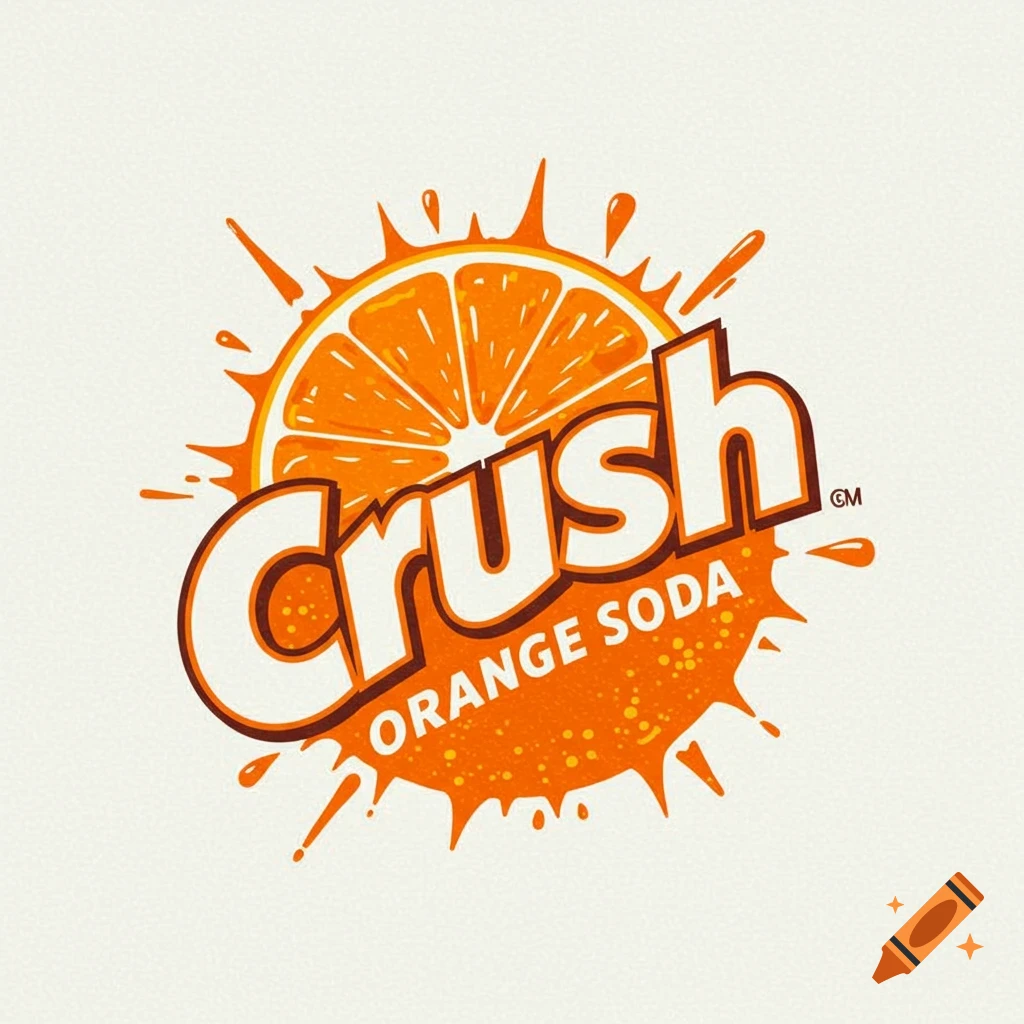 Stylized logo for Crush Orange Soda with an orange slice, splashing liquid, and text 'Crush ...