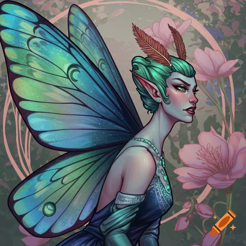 A fantasy portrait of a moth fairy socialite with blue wings, green ...