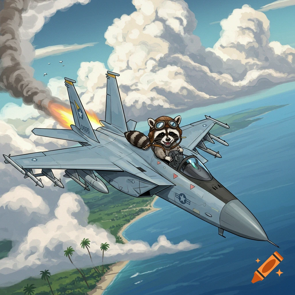 A cartoon raccoon flying a fighter jet over a tropical coastline. on ...