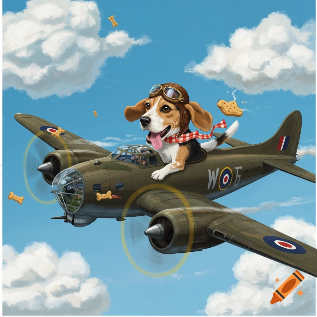 A beagle dog piloting a bomber plane with flying treats on Craiyon