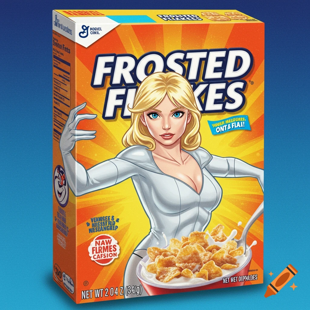 Emma Frost on a Frosted Flakes cereal box on Craiyon