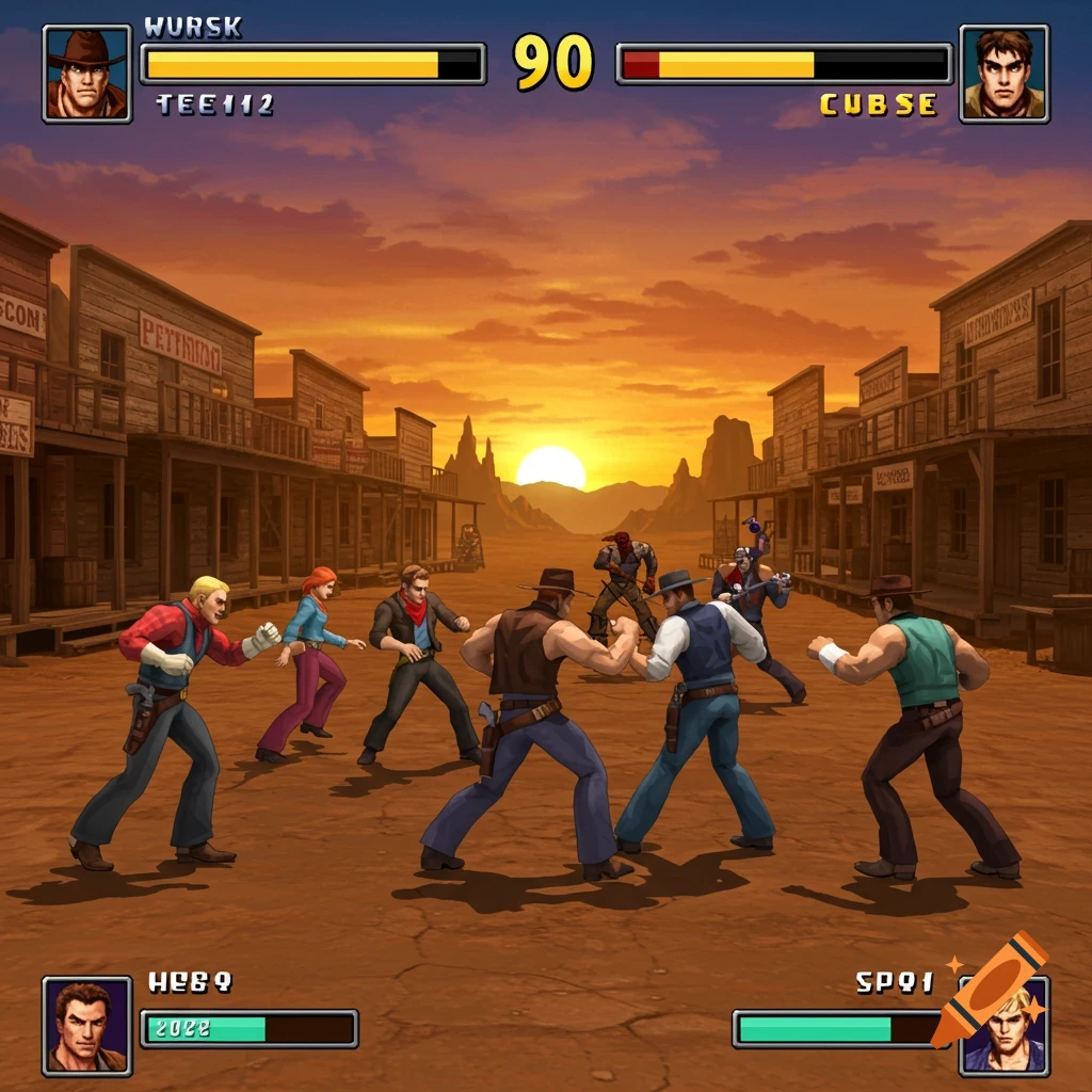 PS1-style 3D fighting game in a Wild West setting at sunset on Craiyon