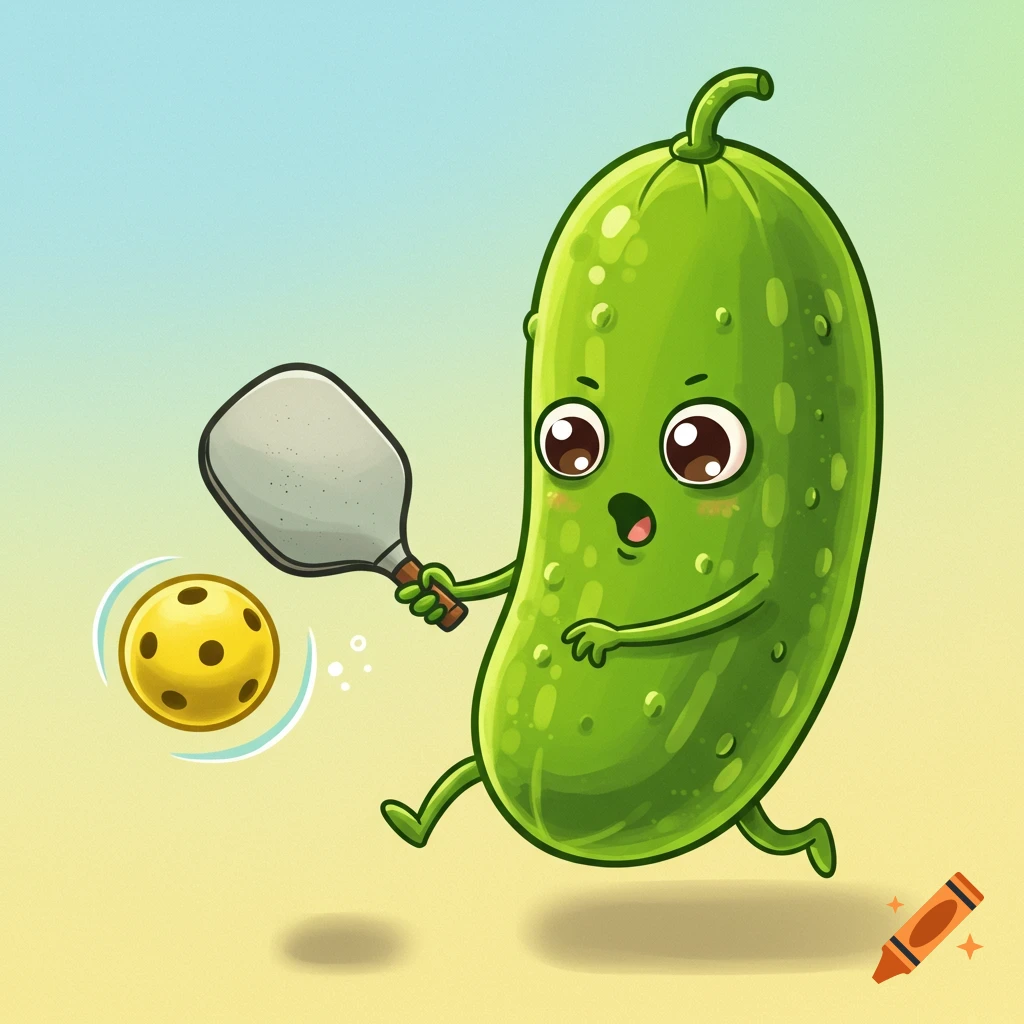 A cute cartoon pickle plays pickleball, holding a paddle and hitting a ...