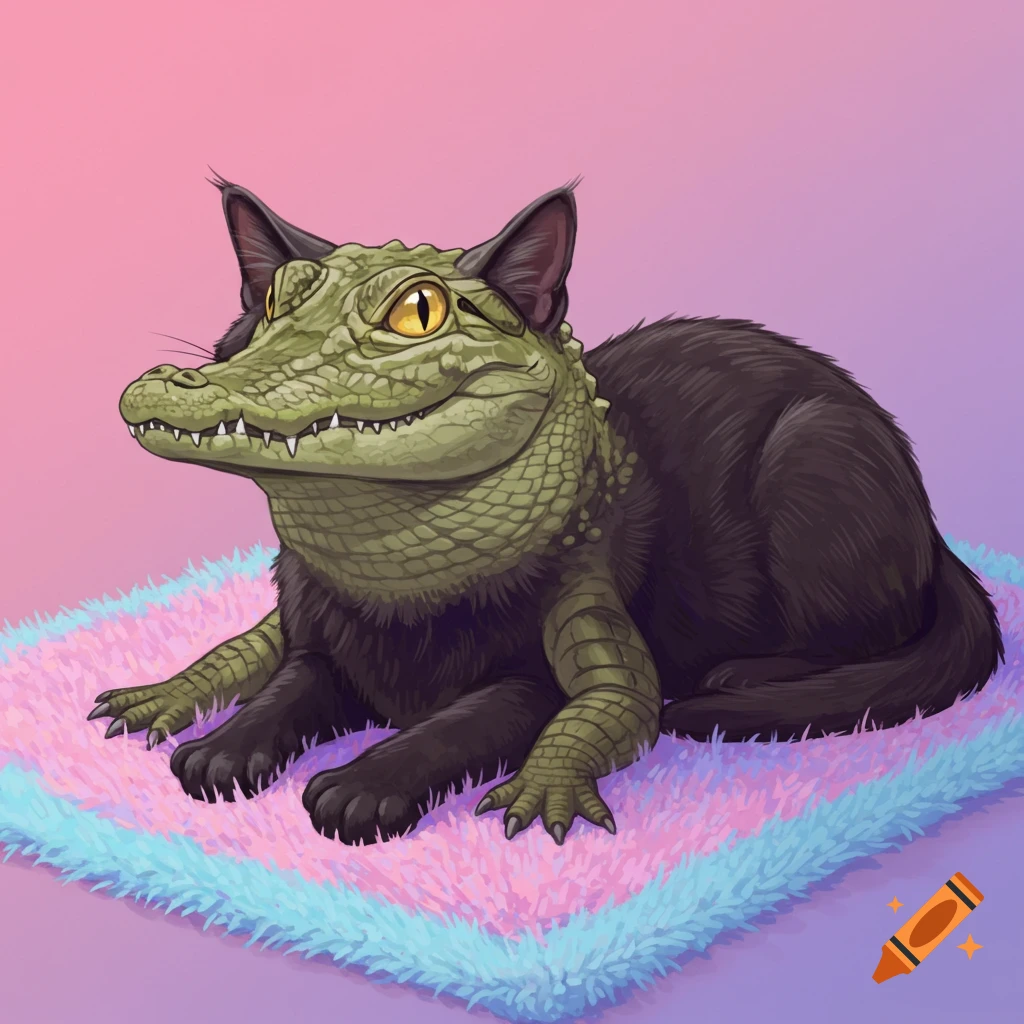 A creature that is a cat with a gator head is sitting on a fluffy pink ...