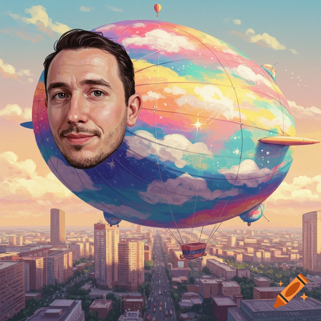 A man's head emerges from a rainbow blimp flying over a city. on Craiyon