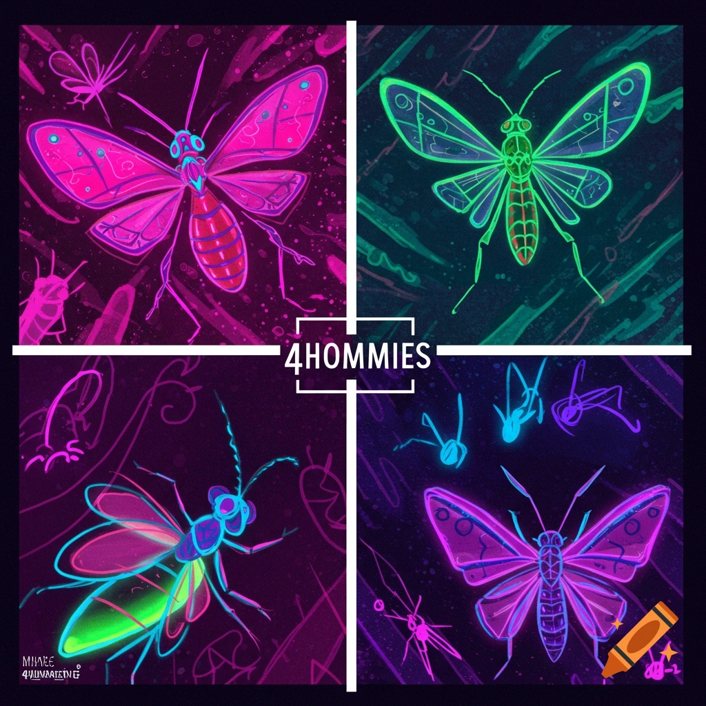A 2x2 grid of stylized neon insects on abstract backgrounds with the ...