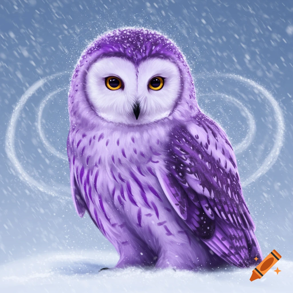 Snowy owl with purple feathers in a snowstorm on Craiyon