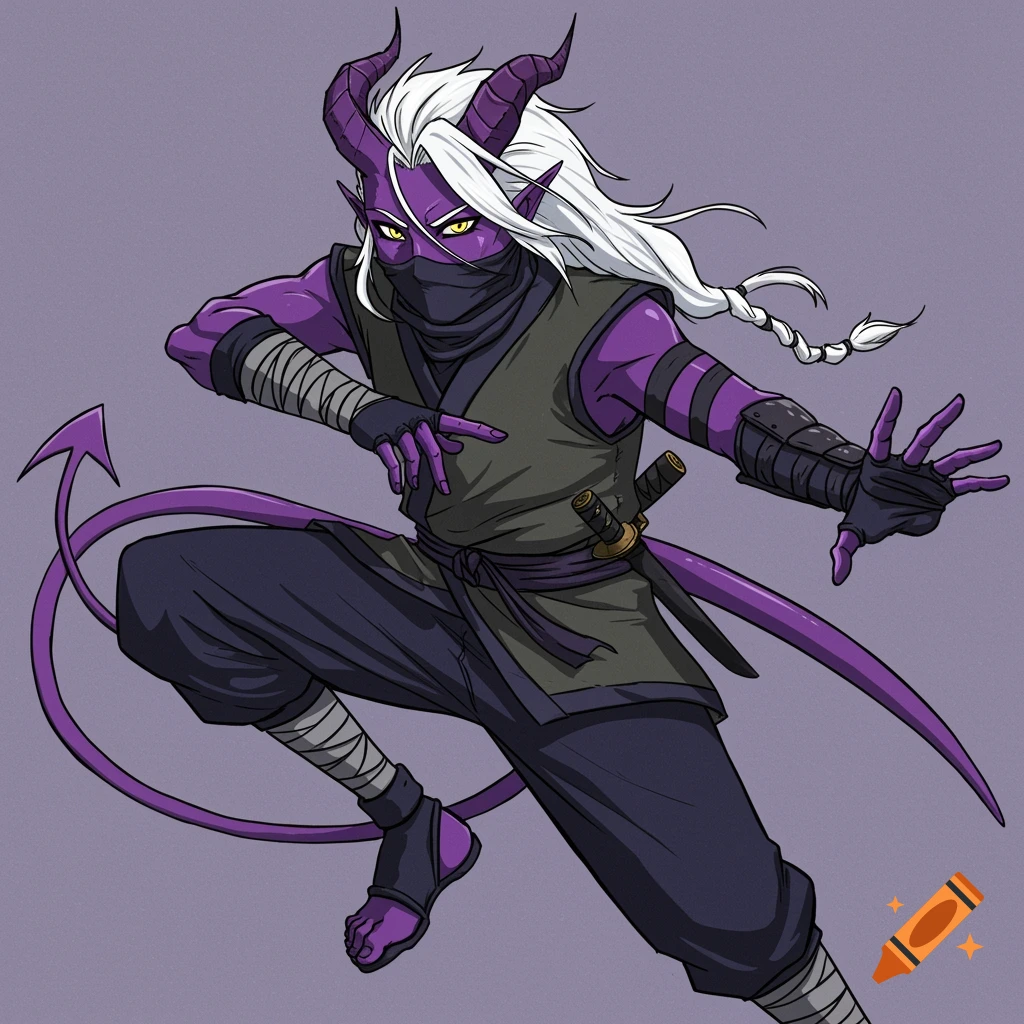 A purple-skinned tiefling ninja with white hair and yellow eyes poses ...