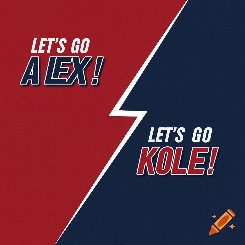 Graphic design with a red and blue background split by a lightning bolt ...