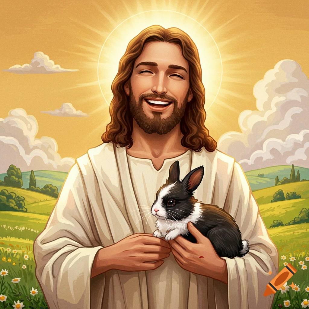Smiling Jesus holds a small black and white rabbit in a sunny field. on ...