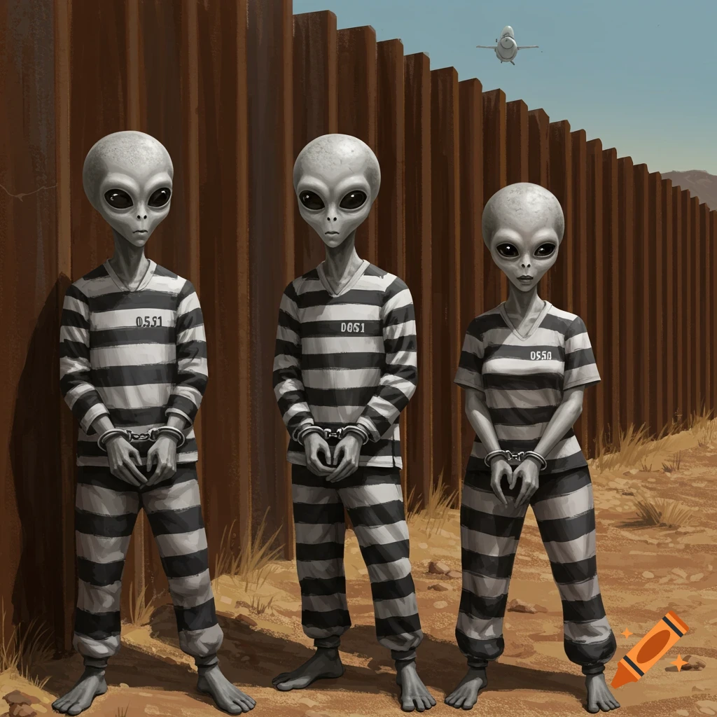 Three alien grays in prison uniforms at the Southern border wall. on ...