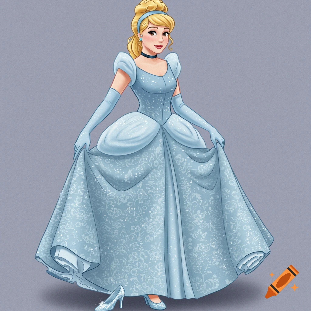 Cinderella in periwinkle ball gown with glass slipper on Craiyon