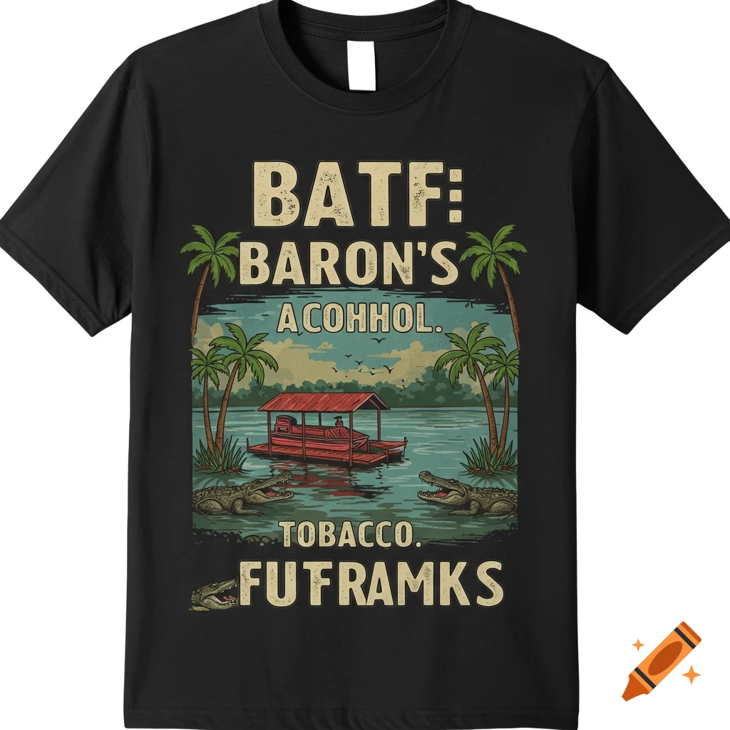 BATF shirt, palm trees, alligators, redneck lake scene on Craiyon