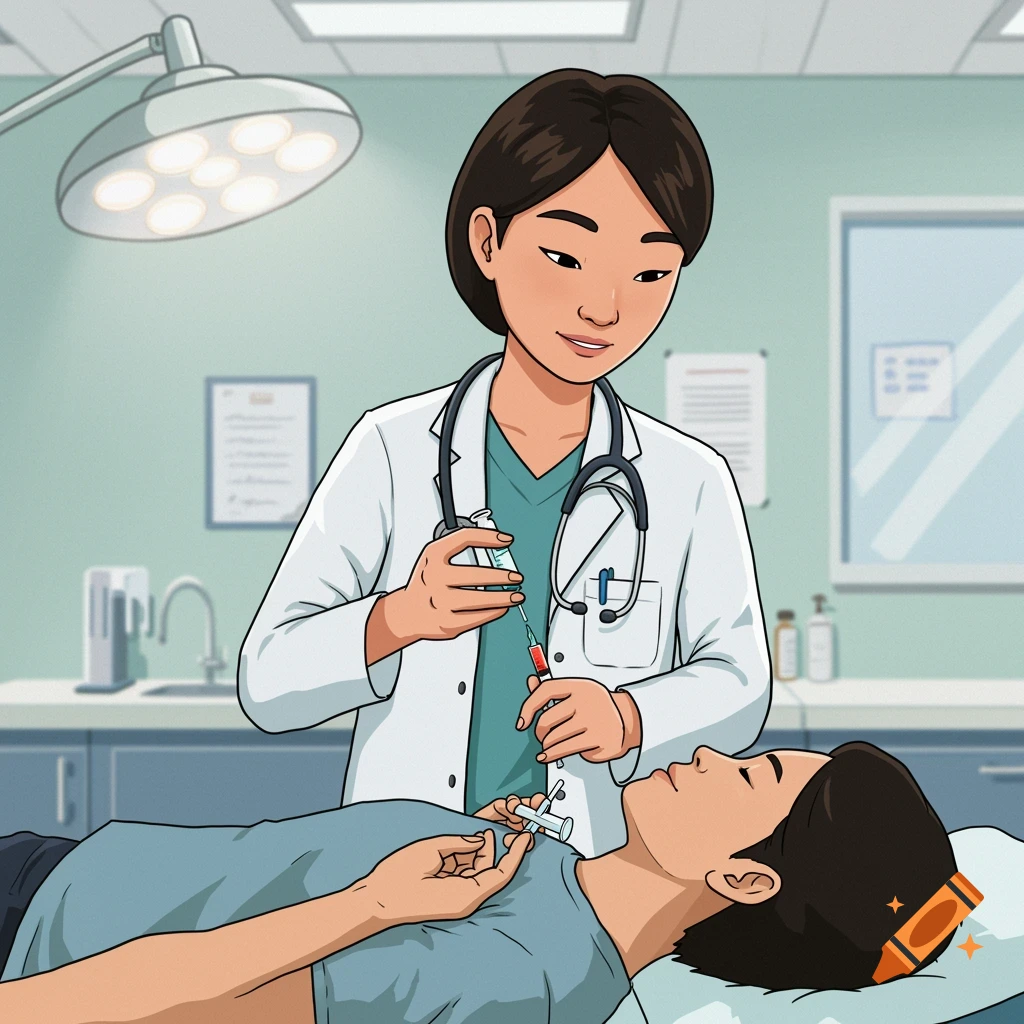 Animation of a doctor giving an injection to a patient on Craiyon