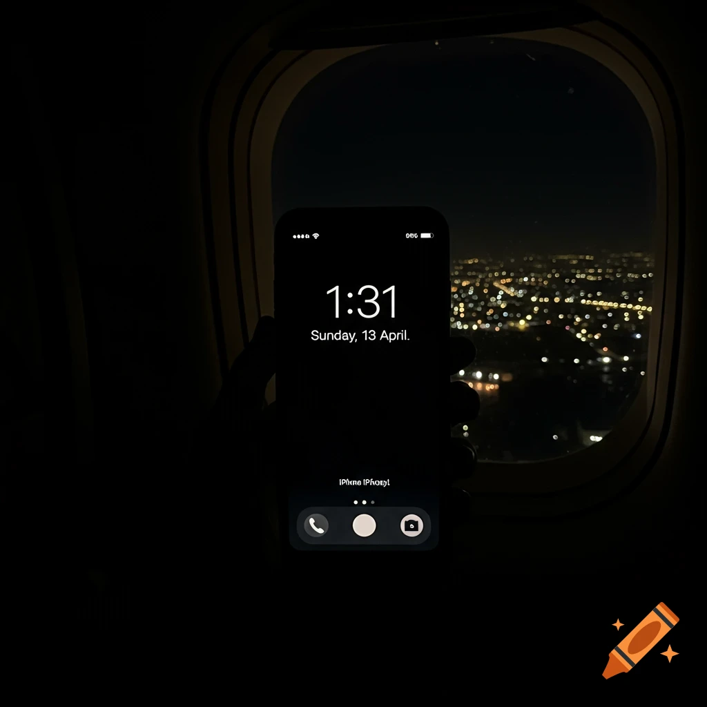 IPhone displaying lock screen inside airplane cabin at night on Craiyon