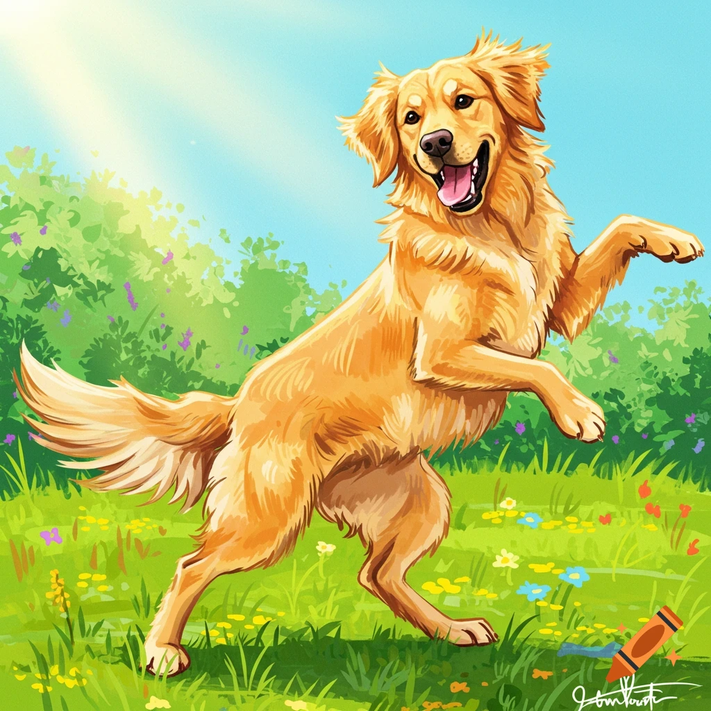 Two golden retriever puppies playing in a grassy field, illustration ...