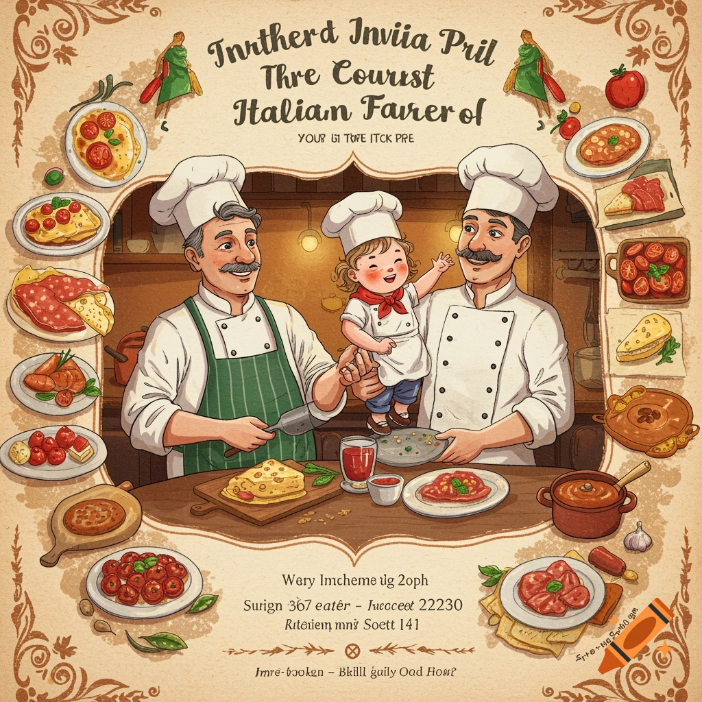 Invitation for three-course Italian meal with two chefs and a baby girl ...