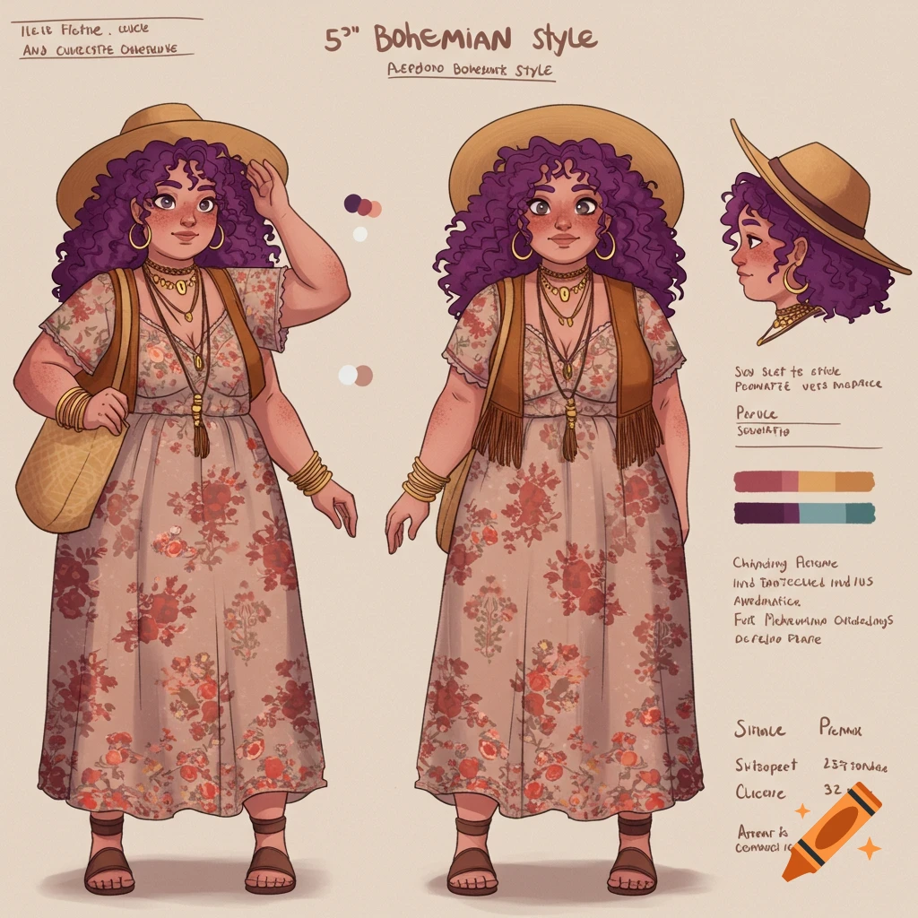Boho style character with purple curly hair and curvy figure on Craiyon