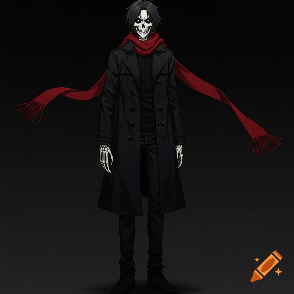 Tall slender man resembling Grim Reaper with dark shaggy hair and grey ...