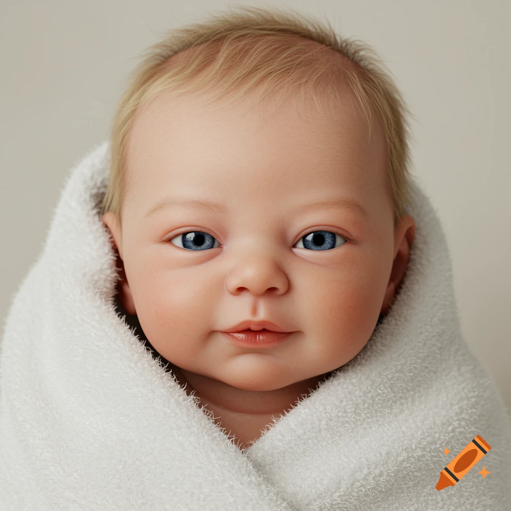 A photorealistic close-up of a smiling baby boy with wet hands and face ...
