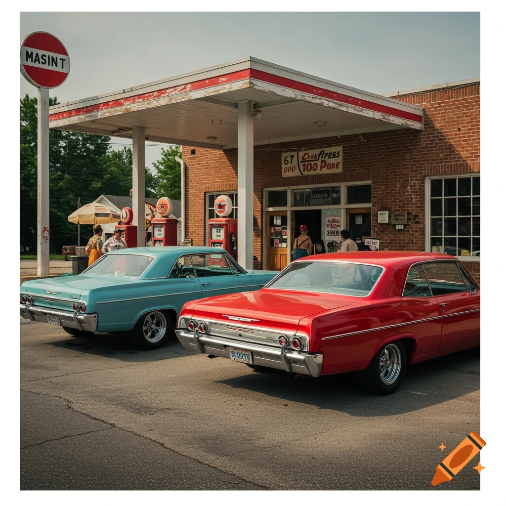 Light blue 1964 Impala and red 1967 Impala at vintage gas station on ...