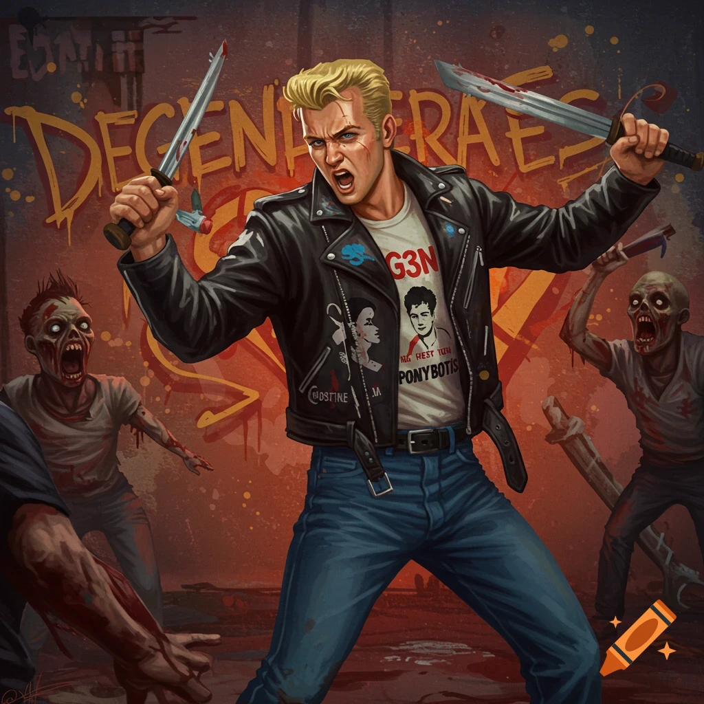 A greaser fighting zombies with swords in front of graffiti. on Craiyon