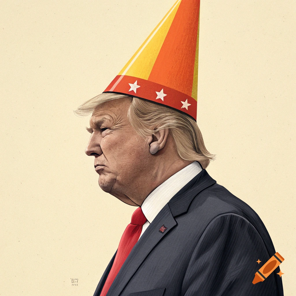 Illustration of Donald Trump in profile wearing a party hat. on Craiyon