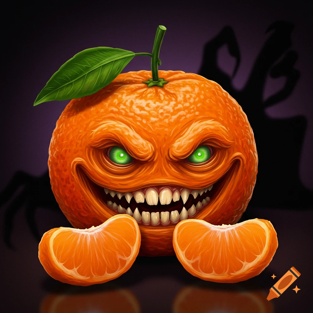 A scary orange with sharp teeth and black eyes, with the text GRAAH ...