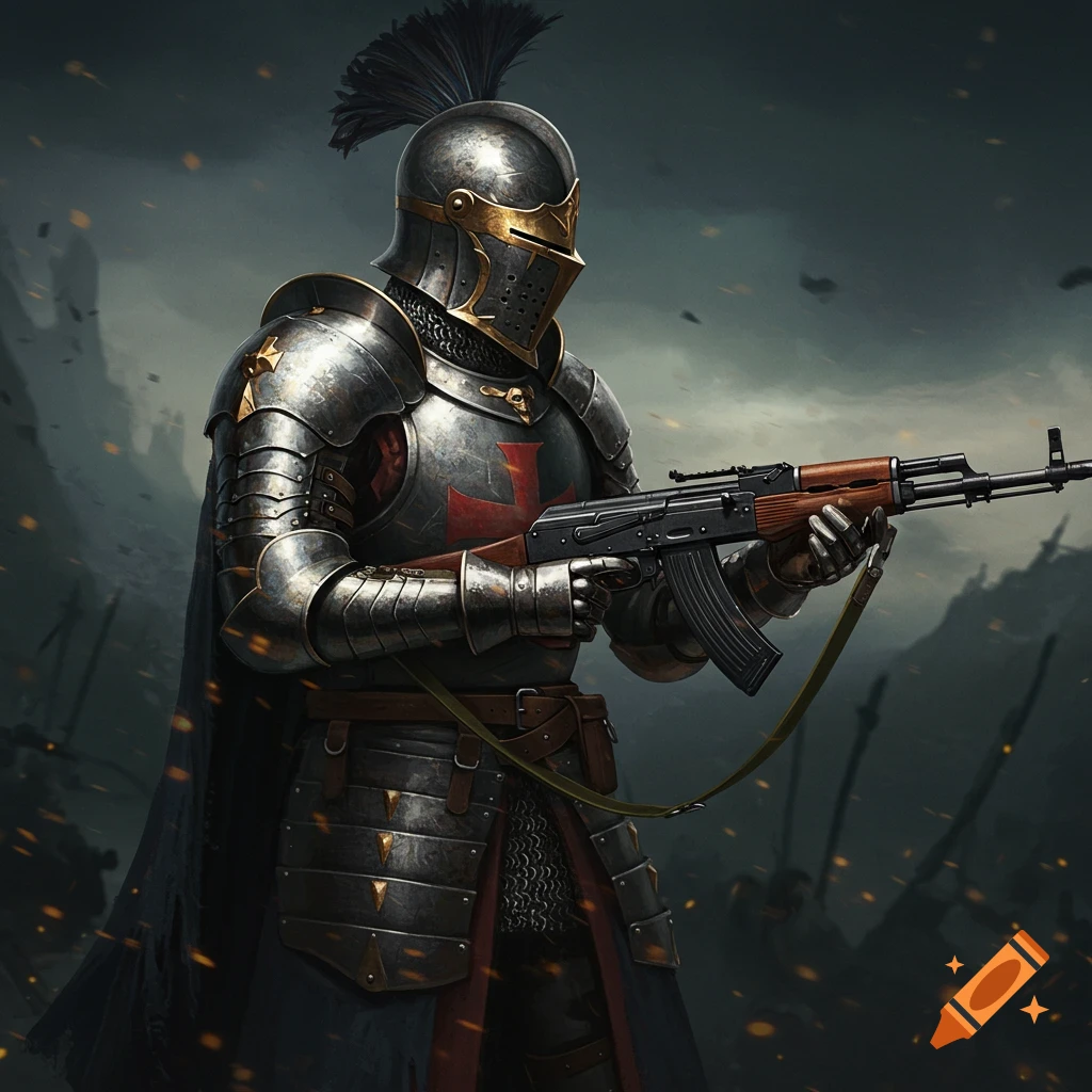 A knight in dark armor and helmet holds an AK-47 rifle on a battlefield ...