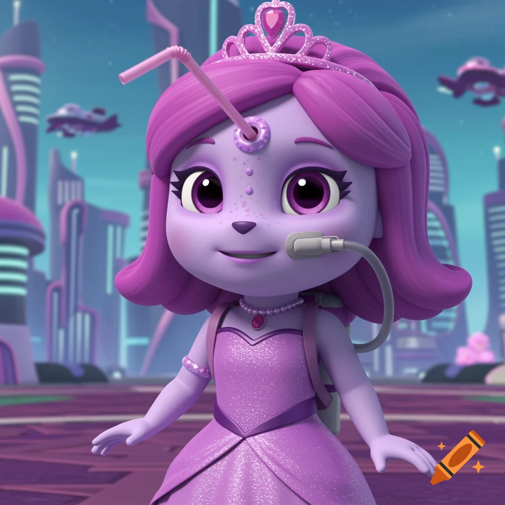 Cartoon alien princess in Paw Patrol style with straw in forehead on ...