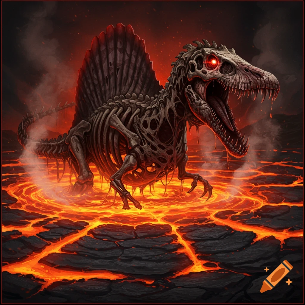 Undead spinosaurus emerging from lava on Craiyon