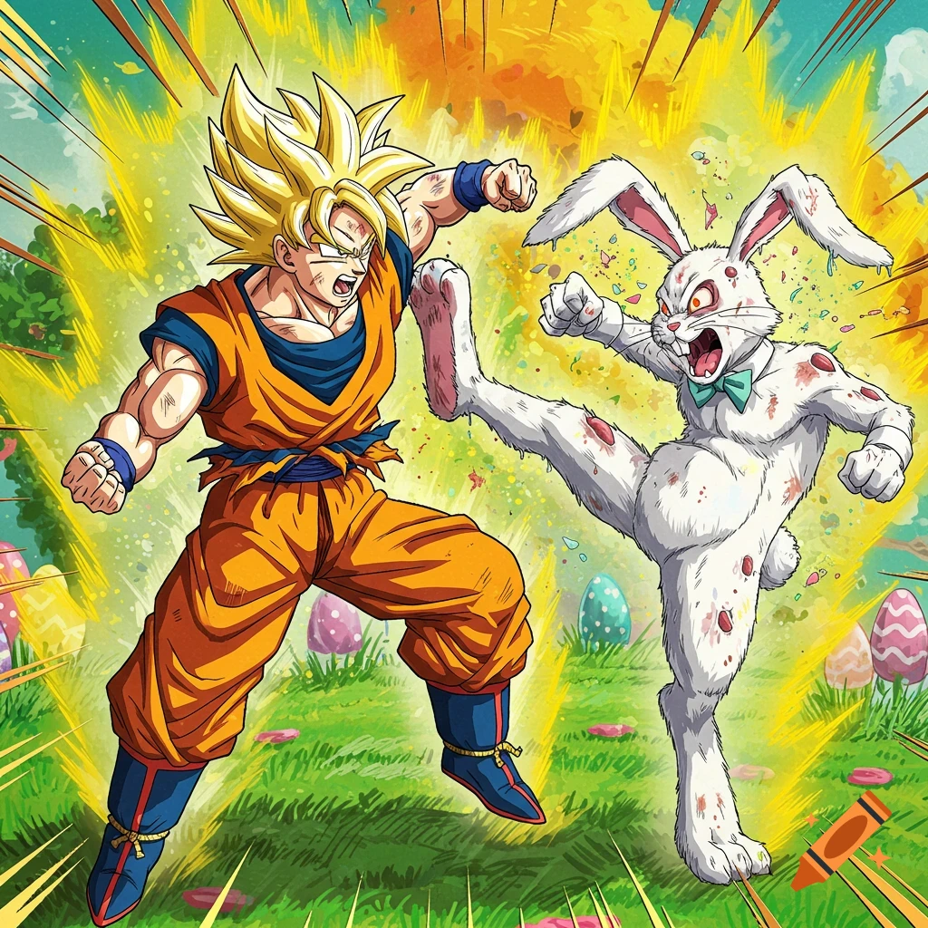 Goku fighting the Easter Bunny in an anime style with Easter eggs in ...