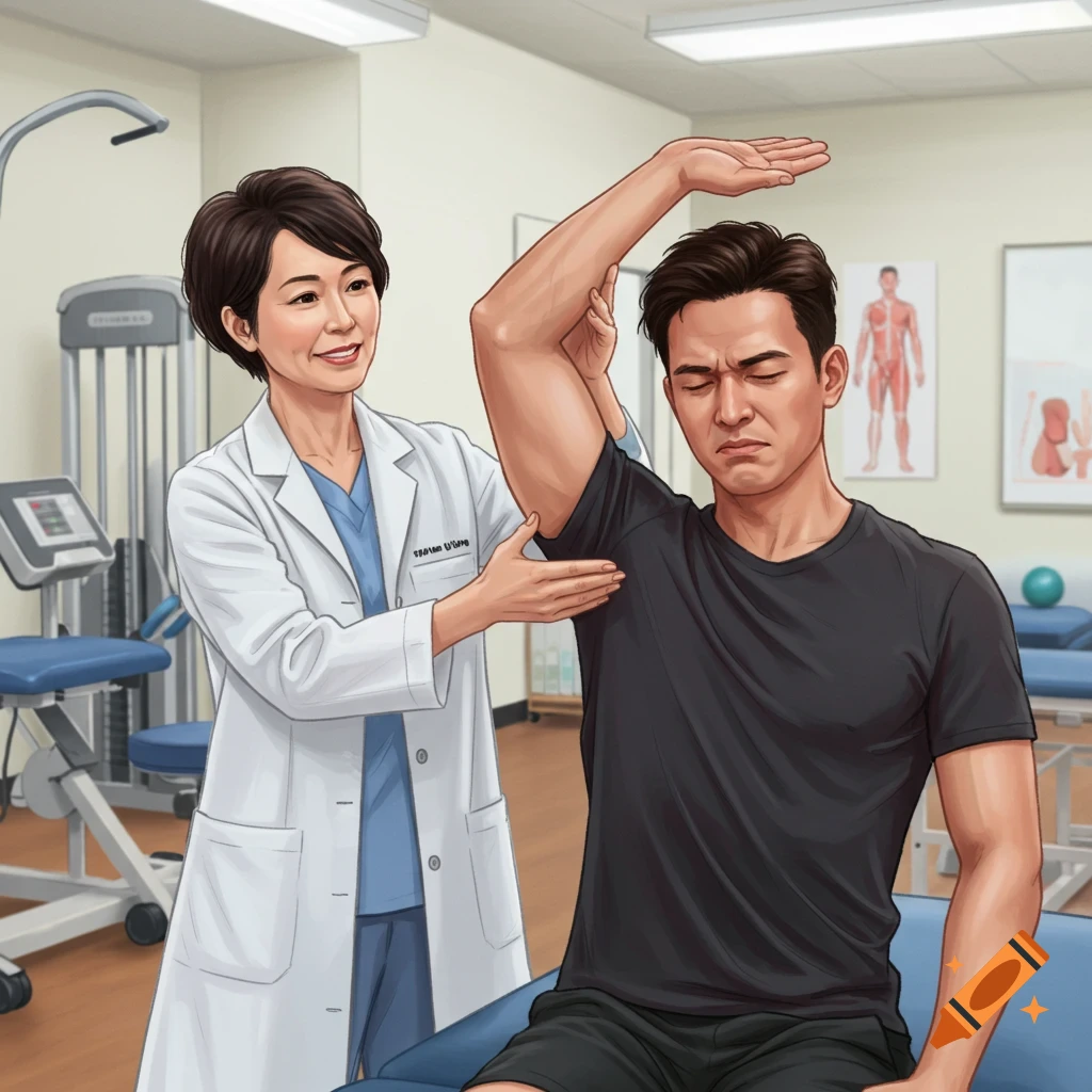 A physical therapist is helping a man with shoulder pain in a clinic ...
