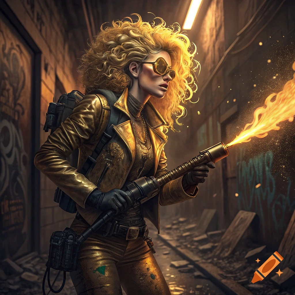 80's singer with gold hair, curls, leather outfit, flamethrower, gold ...