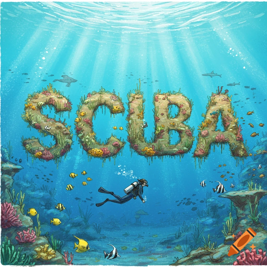 Illustration of an underwater scene with a turtle, fish, sponges, and ...