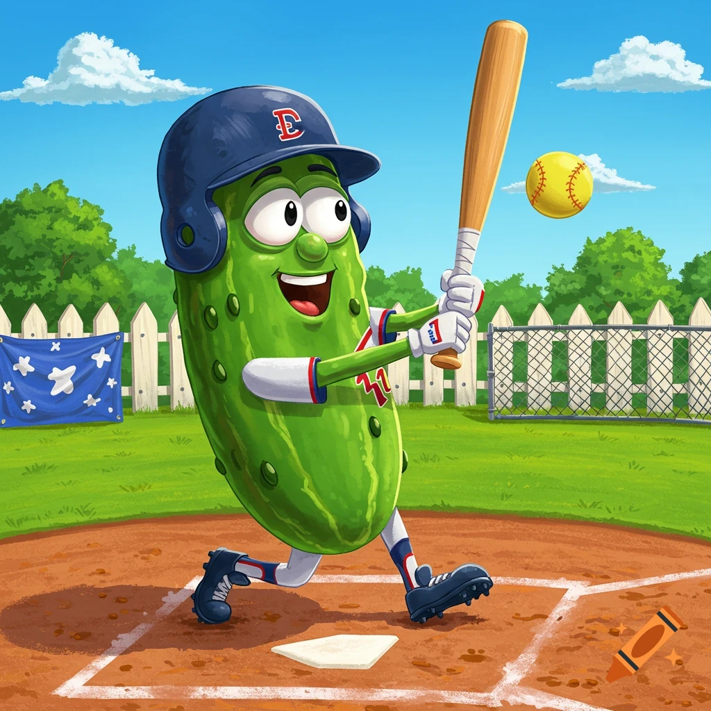 Cartoon illustration of a blue pickle character batting a baseball on a ...