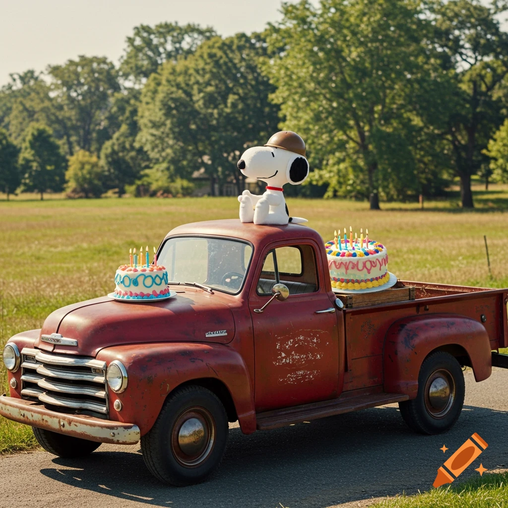 Snoopy in old timey truck with birthday cake on Craiyon