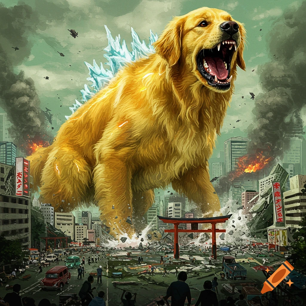 Giant Golden Retriever monster with ice spikes attacking a Japanese ...
