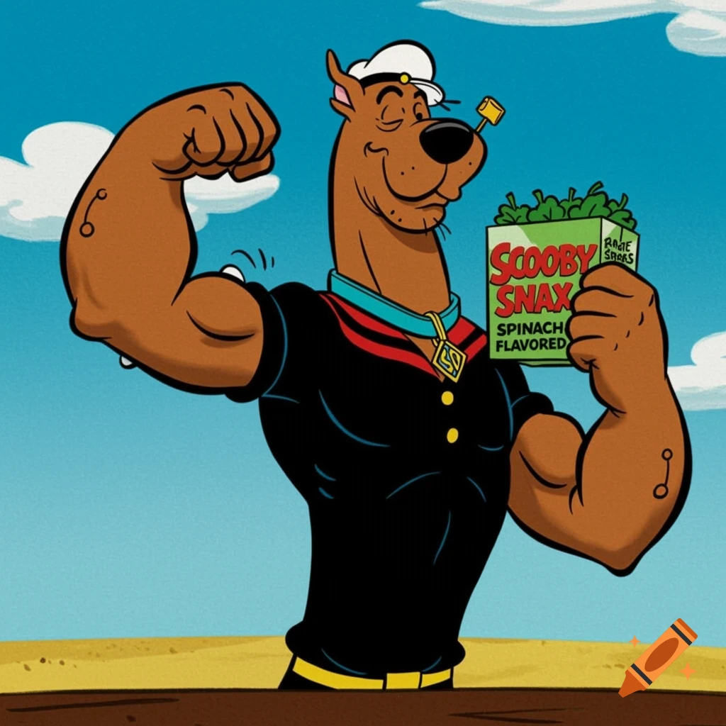 Scooby Doo as Popeye flexing with Scooby Snax on Craiyon