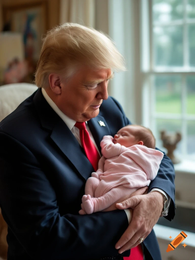 Donald Trump in a suit and tie holding a newborn baby in a pink onesie ...